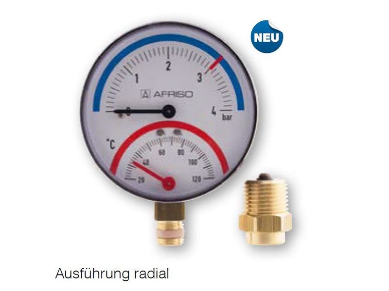 Afriso Thermo-Manometer radial, 1/2"AG, 20-120°C, Ø80mm, mit Ventil, 0-4 bar | P63337P